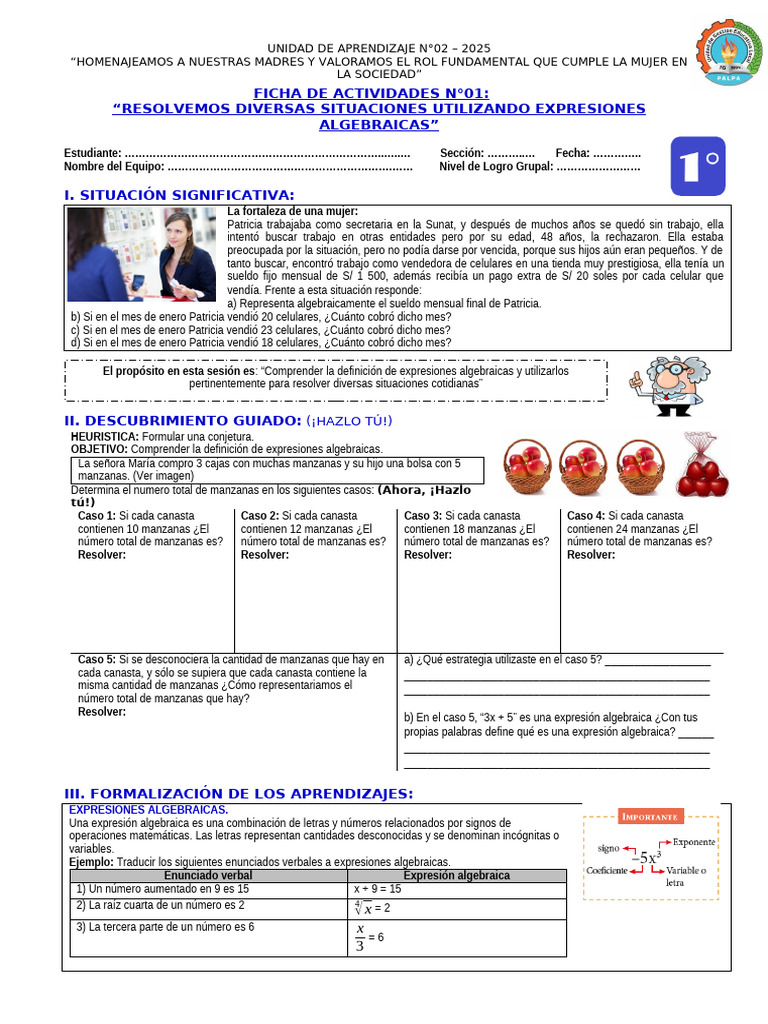 Ficha 1-1ero-Ua2-2025 | PDF | Fórmula | Matemáticas