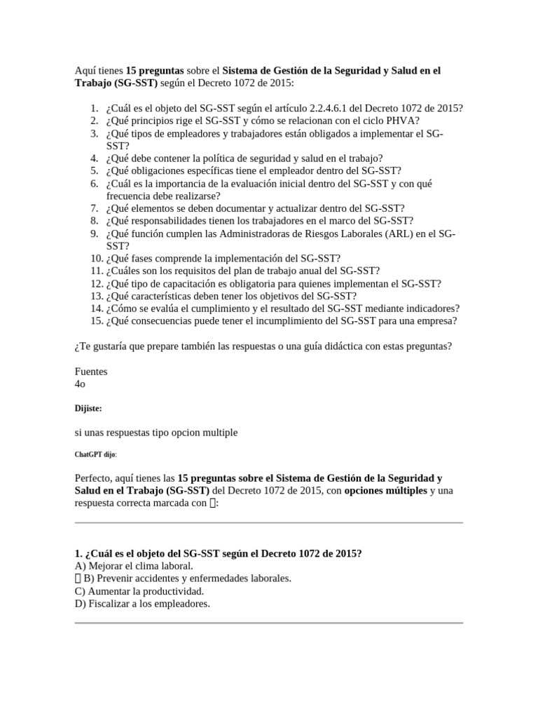 15 Preguntas sobre SG-SST y Seguridad Laboral | PDF | Gestión de ...