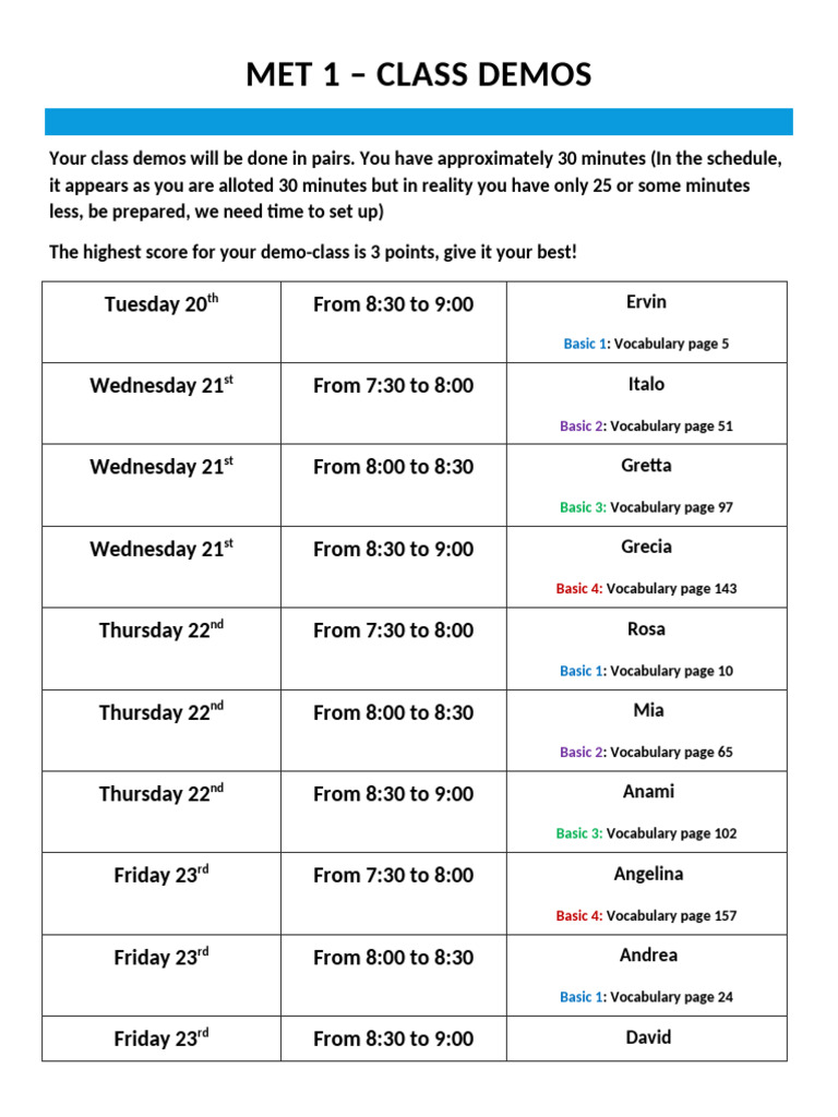 Class Demo Schedule and Tips | PDF