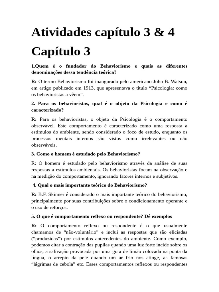 Atividades Capítulo 3 e 4 Pscologia | PDF | Behaviorismo | Comportamento