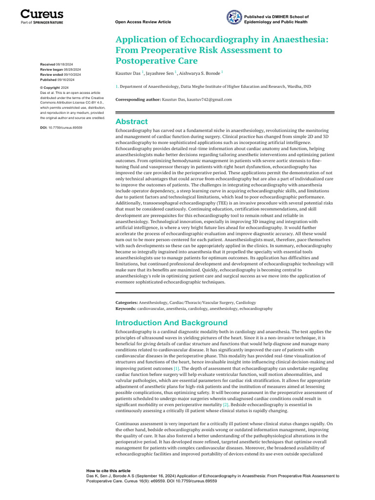Application of Echocardiography in Anaesthesia From Preoperative Risk ...