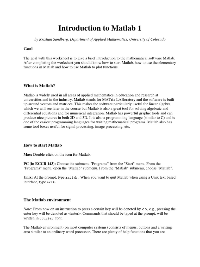 Introduction To Matlab 1 Pdf Matrix Mathematics Eigenvalues And