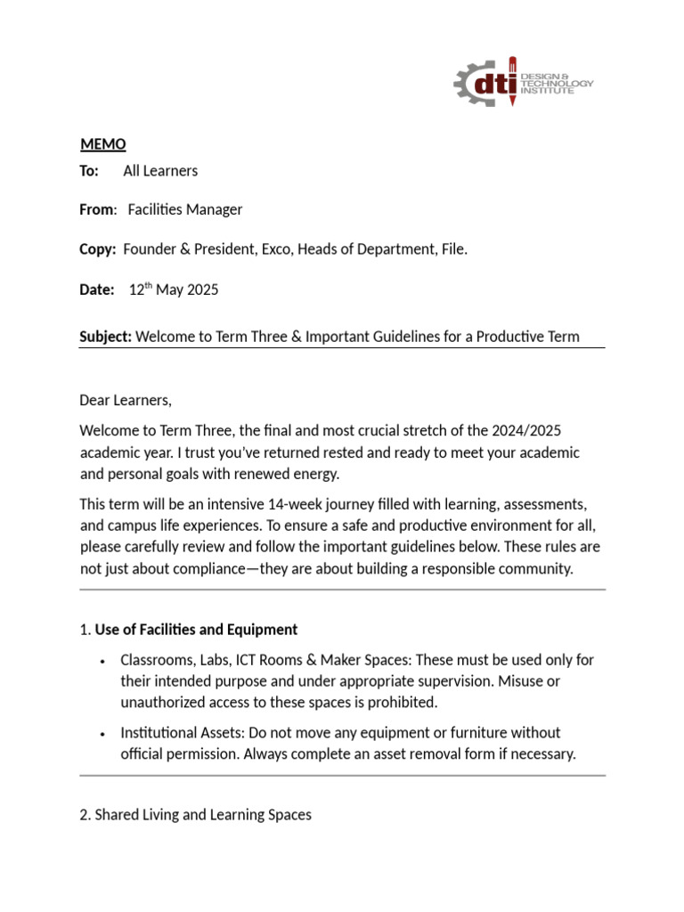 Facilities Dpt. Welcome Back Memo To Learners | PDF | Classroom