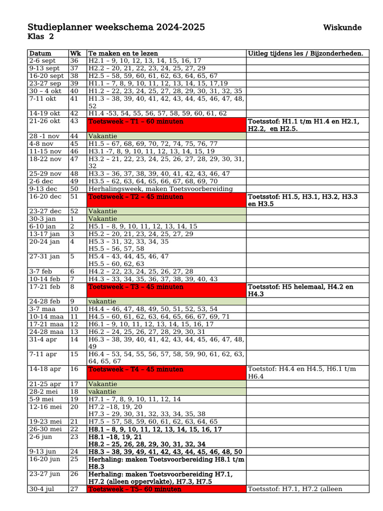 Studieplanner-klas-2-2024-25 | PDF
