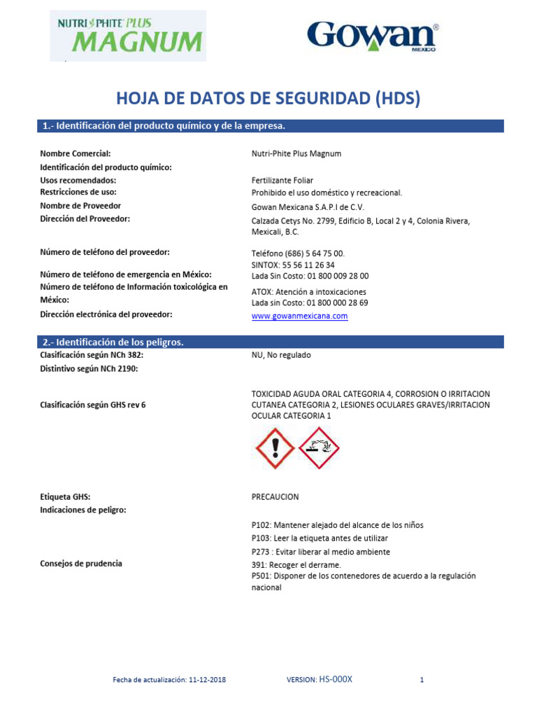 Hoja de Seguridad Nutri-Phite Plus Magnum | PDF | Agua | Solubilidad