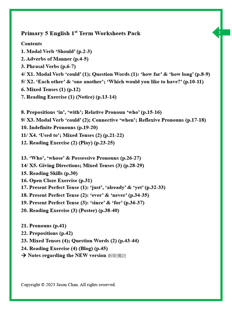 Primary 5 1st Term Worksheets Pack | PDF | Grammatical Tense | English ...
