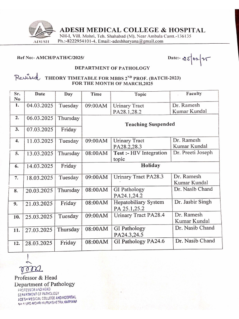 Revised Theory Time Table of MBBS Batch 2023 March | PDF