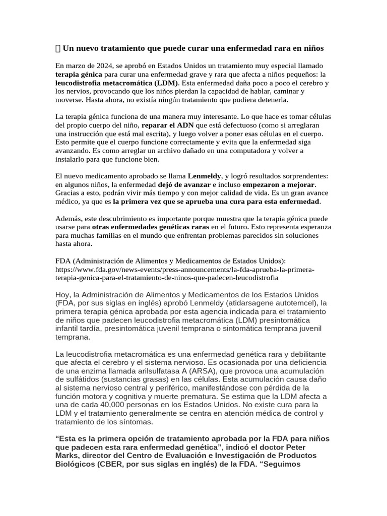 Terapia génica Lenmeldy cura leucodistrofia | PDF | Terapia de genes ...