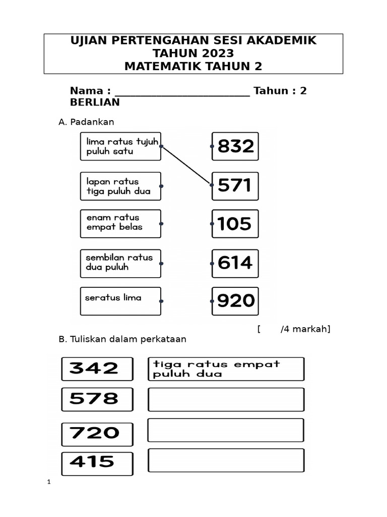 Upsa Matematik Tahun 2 2023 | PDF