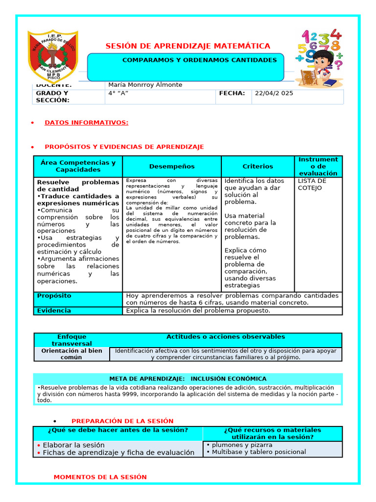 MATEMÁTICA -COMPARAMOS Y ORDENAMOS NUMEROS | PDF | Aprendizaje | Matemáticas