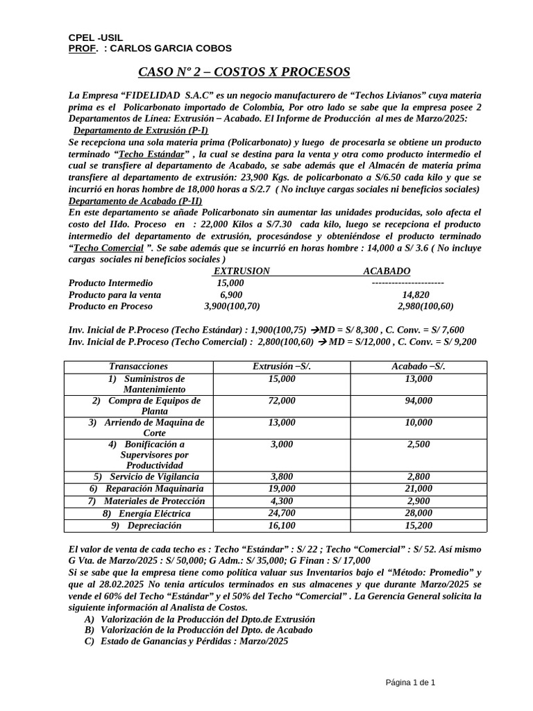 Ejercicio Casuistica - Caso Costos X Procesos-1 | PDF