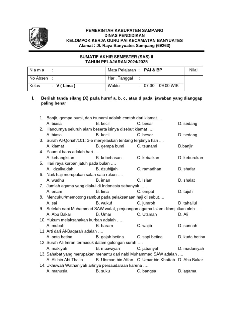 Soal Sas 2 Ta 2024-2025 Pabp Kelas 5 | PDF