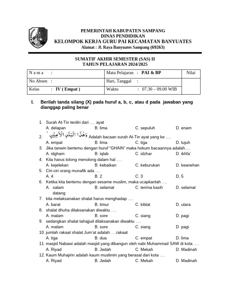 SOAL SAS 2 TA 2024-2025 PABP KELAS 4 | PDF