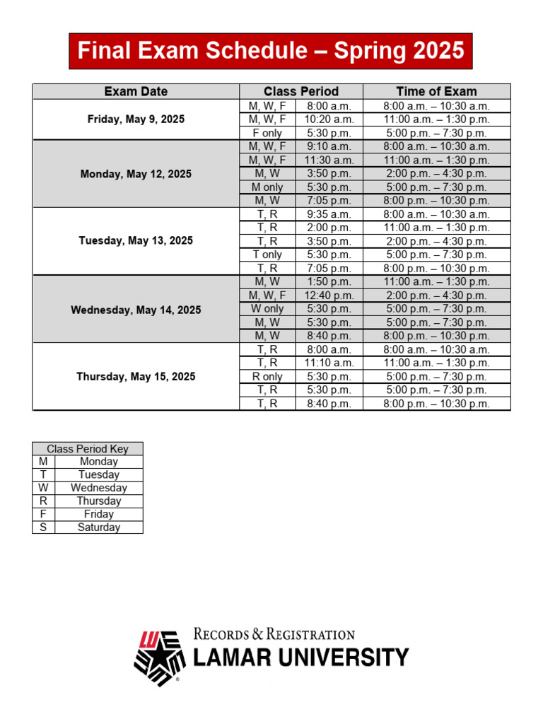 2025 Spring Final Exam Schedule | PDF