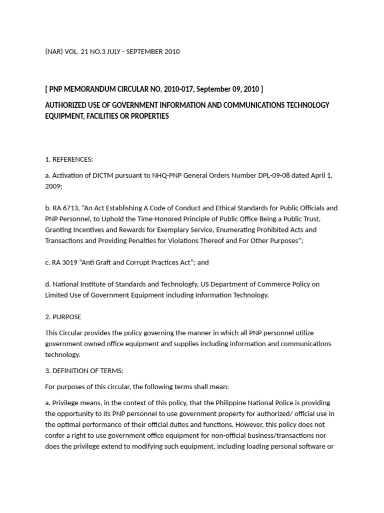 PNP Memorandum Circular No. 2010-017 | PDF | Information And Communications Technology ...