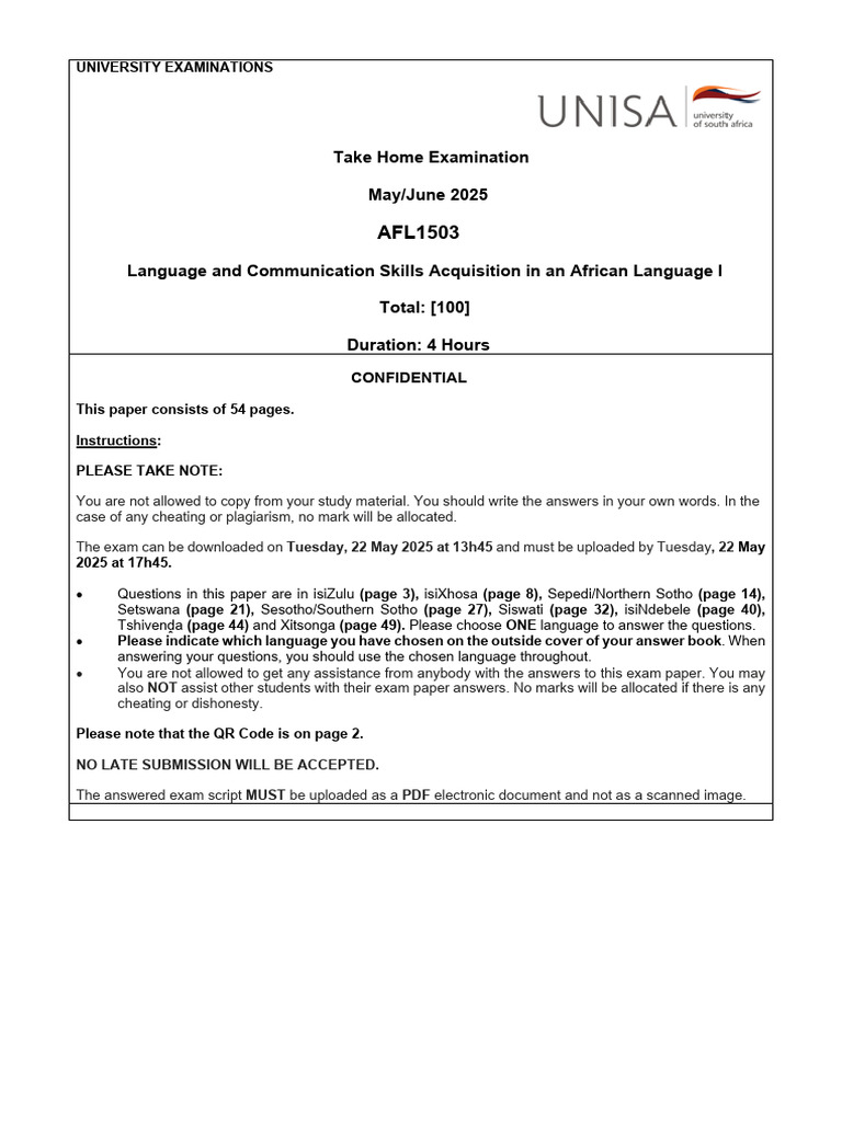 AFL1503 Exam: Language Skills 2025 | PDF | Verb | Grammar