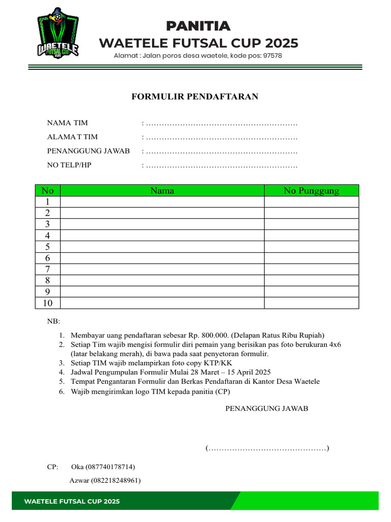 FORMULIR PENDAFTARAN WAETELE FUTSAL CUP | PDF