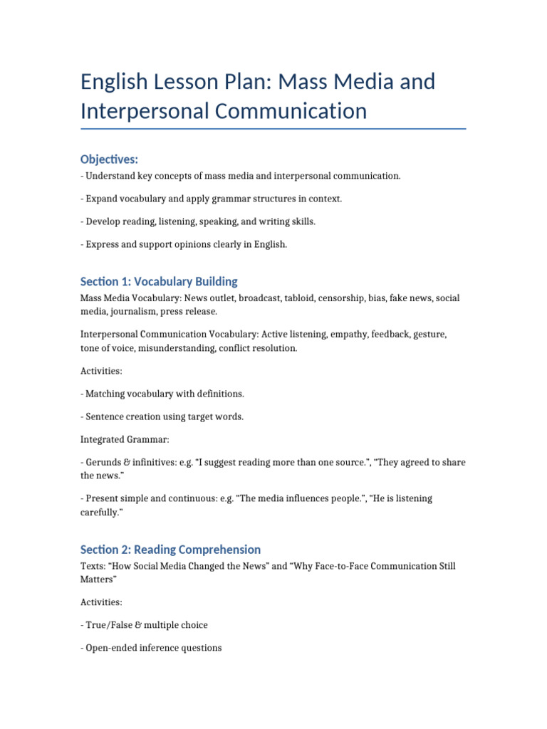 Mass Media & Communication Lesson Plan | PDF | Communication | Vocabulary