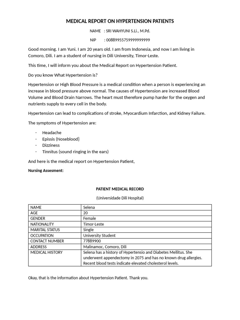 Medical Report: Hypertension Patient Analysis | PDF
