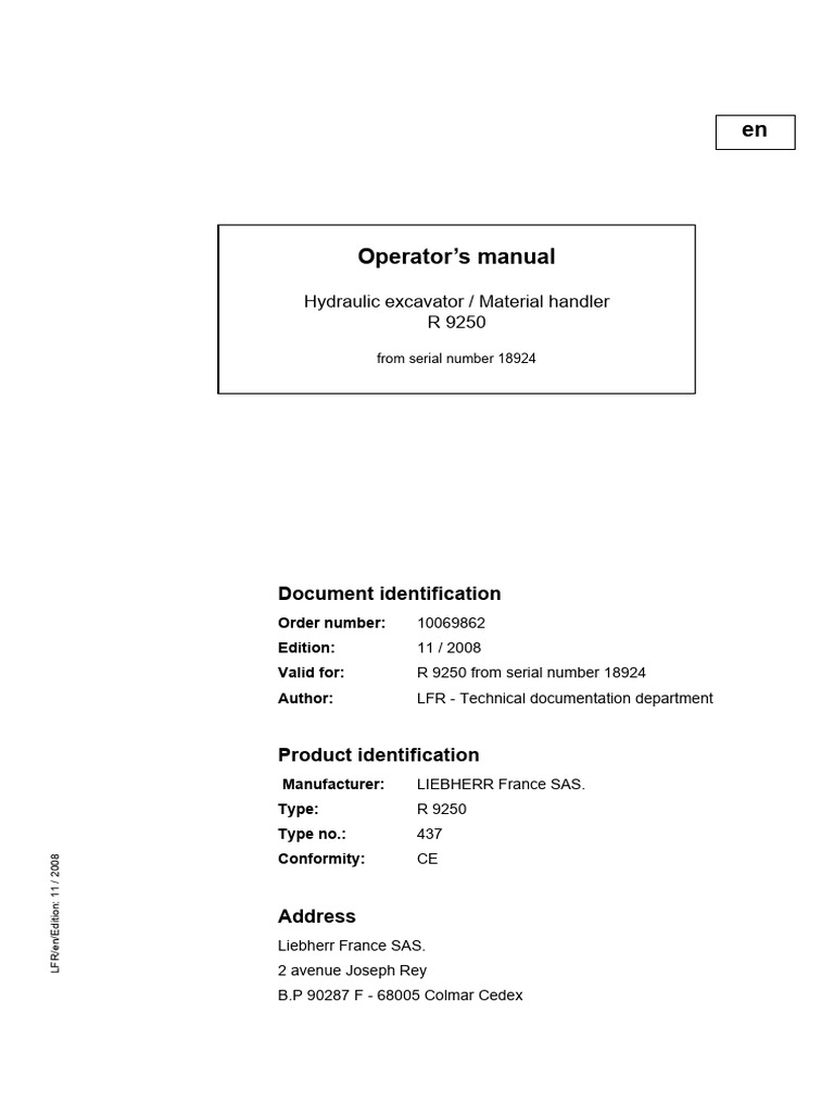 Hydraulic Excavator / Material Handler R 9250: Document Identification ...
