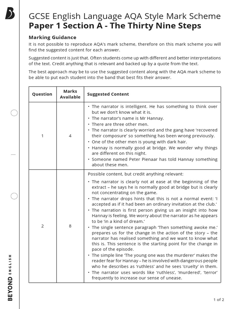 AQA Mark Scheme for The Thirty Nine Steps | PDF | The Thirty Nine Steps