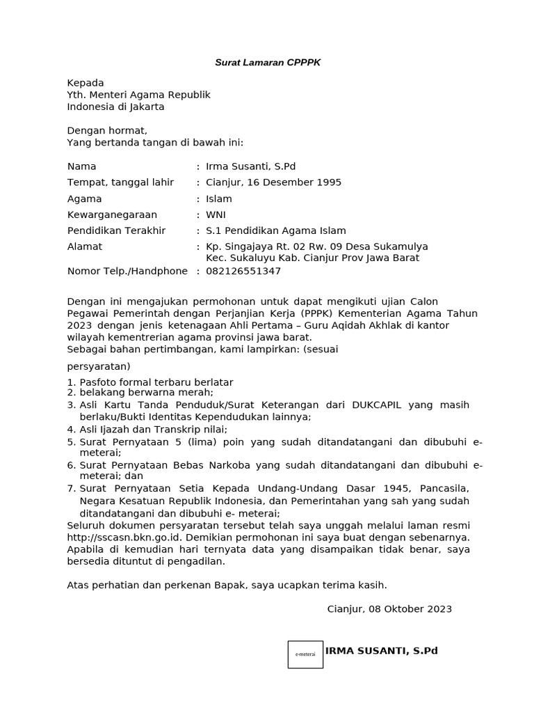 Surat Lamaran CPPPK | PDF