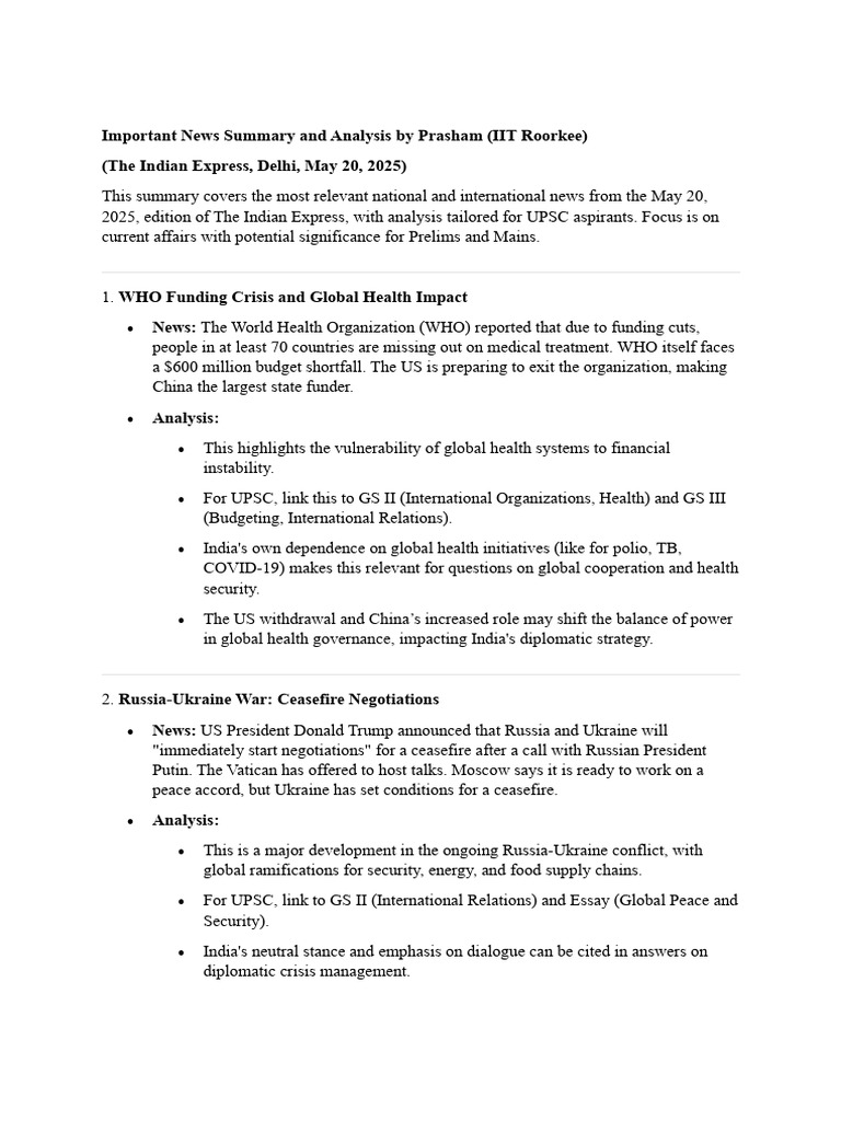 Important News Summary and Analysis by Prasham 20 May 2025 | PDF | Refugee | World Health ...