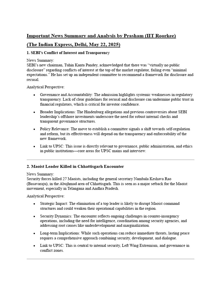 Important News Summary and Analysis by Prasham (IIT Roorkee) 22 May 2025 | PDF | Governance ...