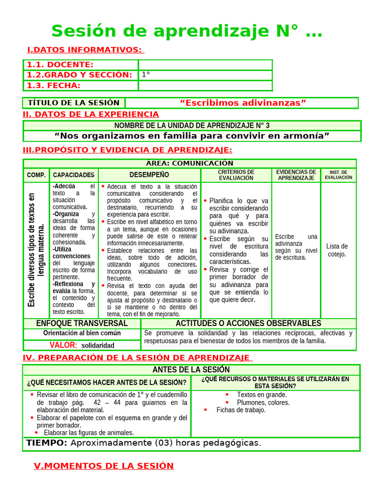 Sesión Escribimos Adivinanza Maestra Janet | PDF | Aprendizaje