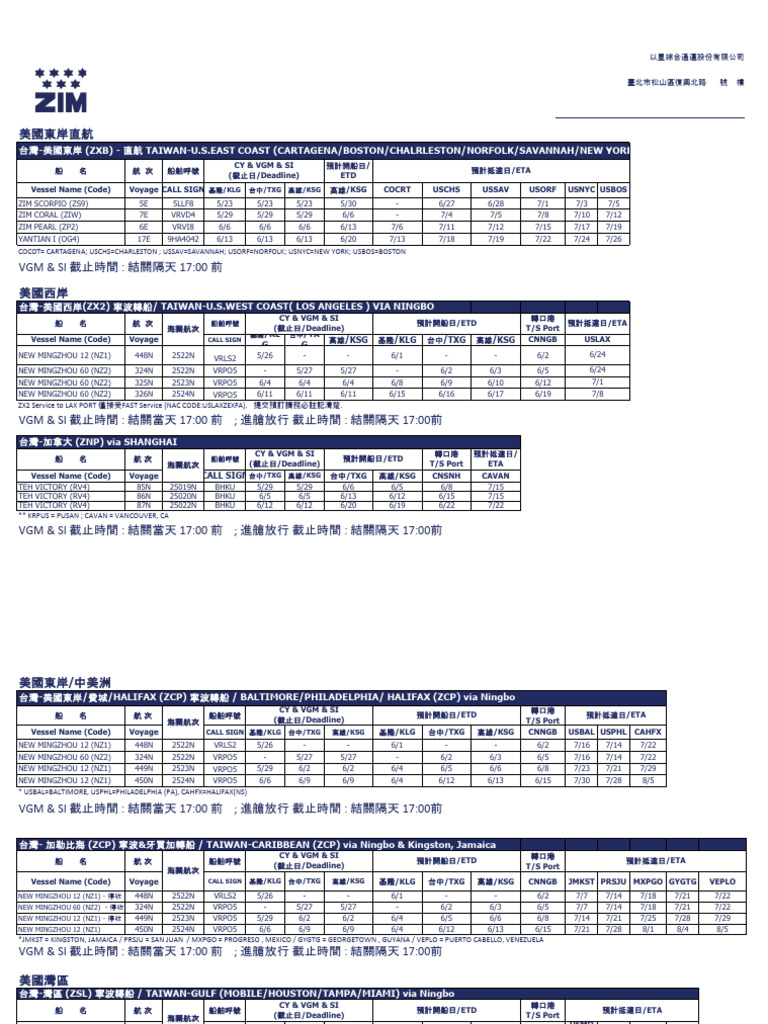 Zim Port Export Vessel Schedule Taiwan | PDF