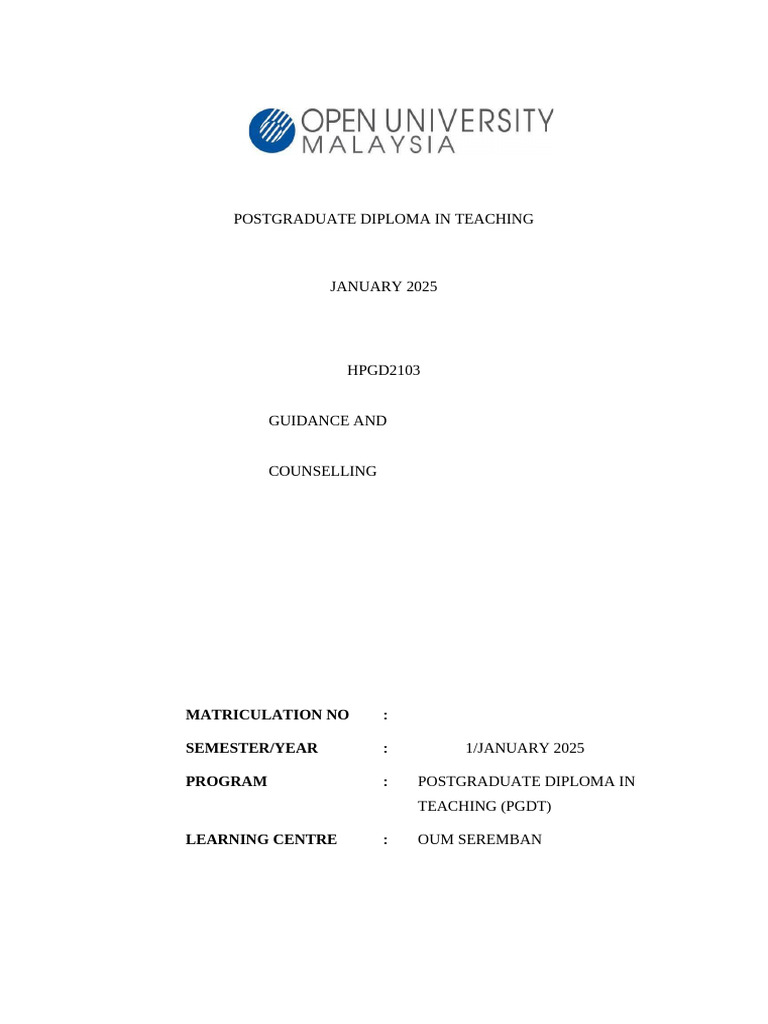 HPGD 2103 Guidances and Counselling January 2025 | PDF | Psychotherapy | Nonverbal Communication