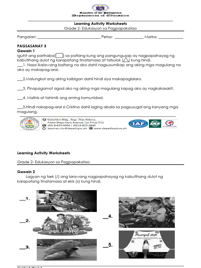 Learning Activity Worksheets: Department of Education | PDF