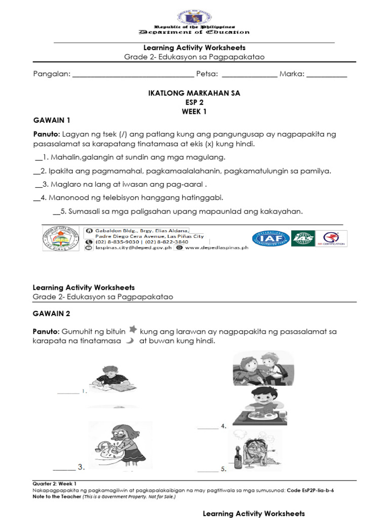 Learning Activity Worksheets: Department of Education | PDF