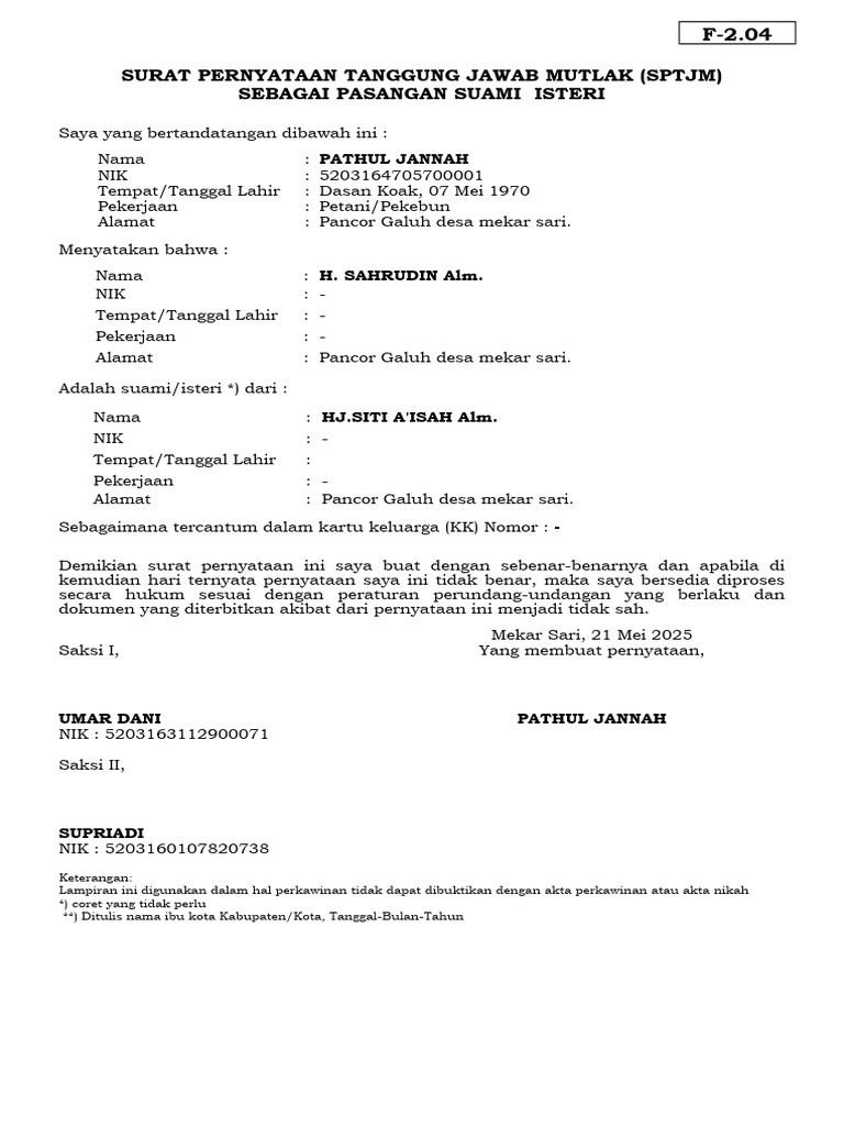 Surat SPTJM Pasangan Suami Istri - 5203164705700001 - 2025 05 21 - 25 | PDF