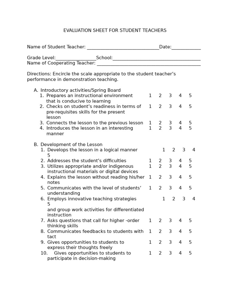 Evaluation Sheet For Student Teachers | PDF | Teachers | Procedural ...