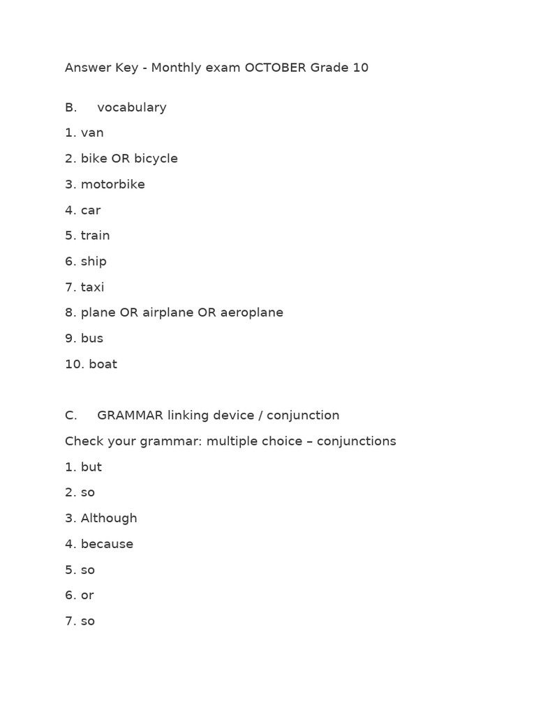 Answer Key - Monthly Exam English-Grade 10 - December 2024 | PDF