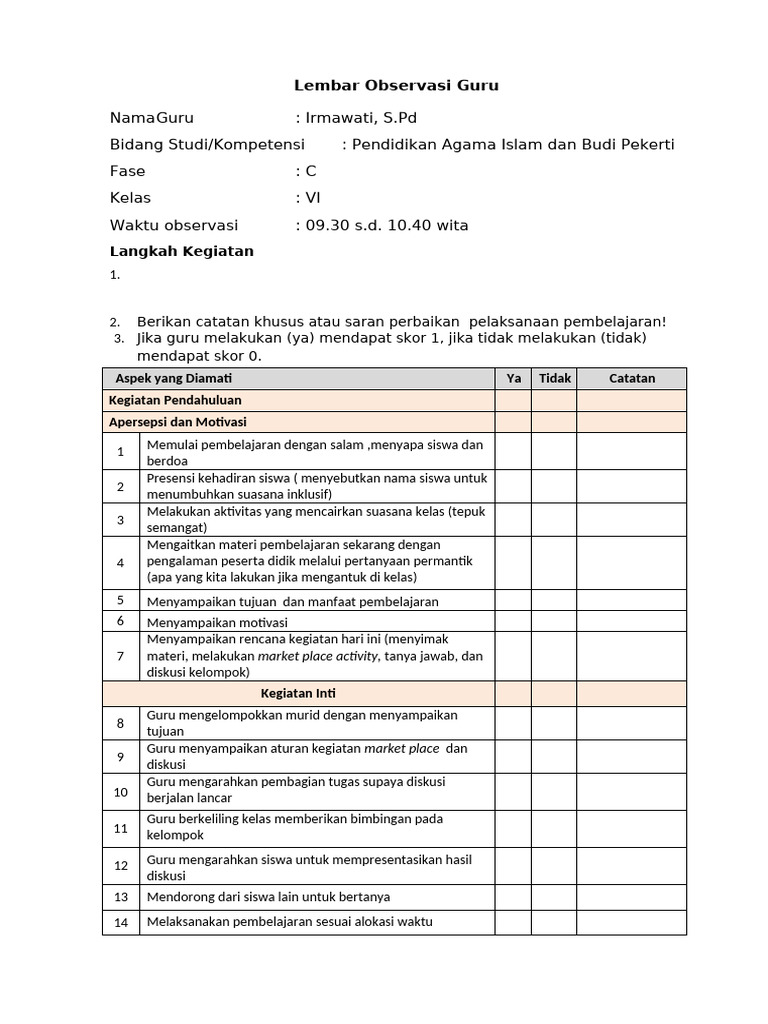 Observasi Pembelajaran Guru Agama VI | PDF