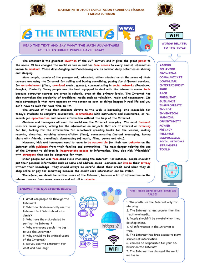Mass Media The Internet Reading Comprehension Exercises Teacher ...