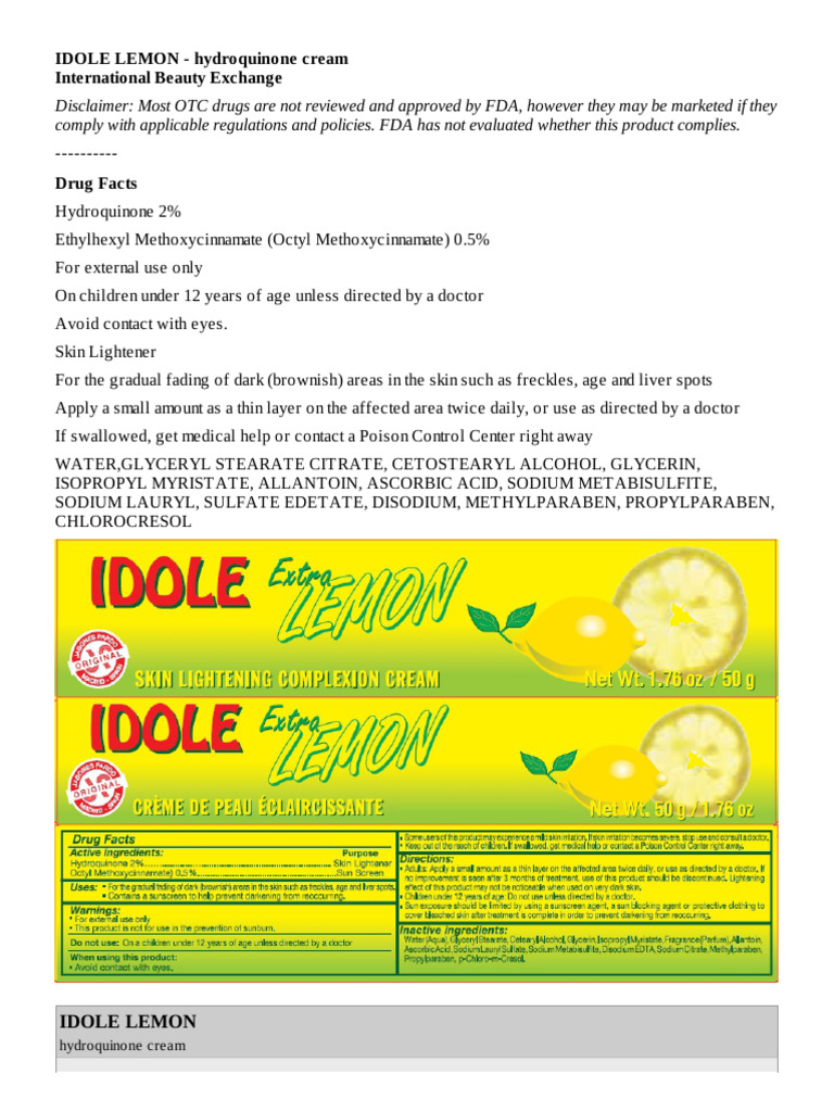 IDOLE LEMON - Hydroquinone Cream International Beauty Exchange | PDF