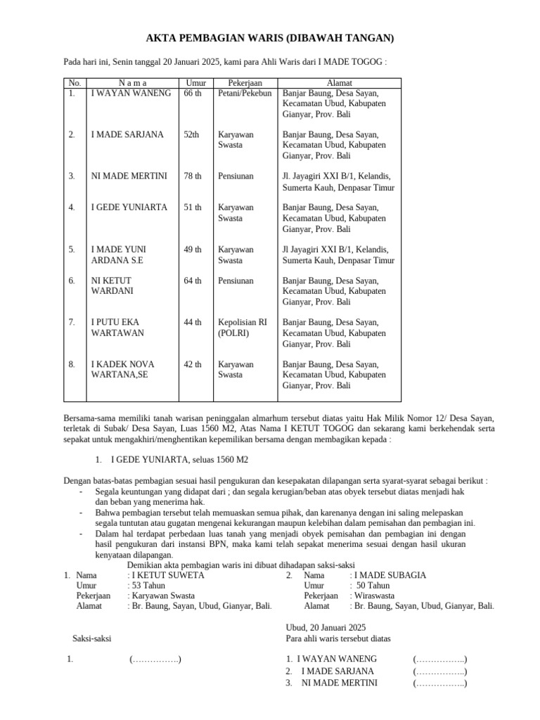 AKTA PEMBAGIAN WARIS (Dibawah Tangan) - Ref1 | PDF