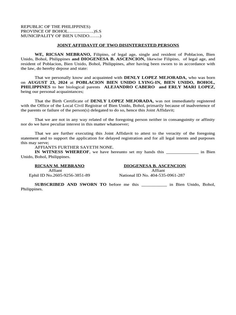 Joint Affidavit of 2 Disinterested Person | PDF | Affidavit ...
