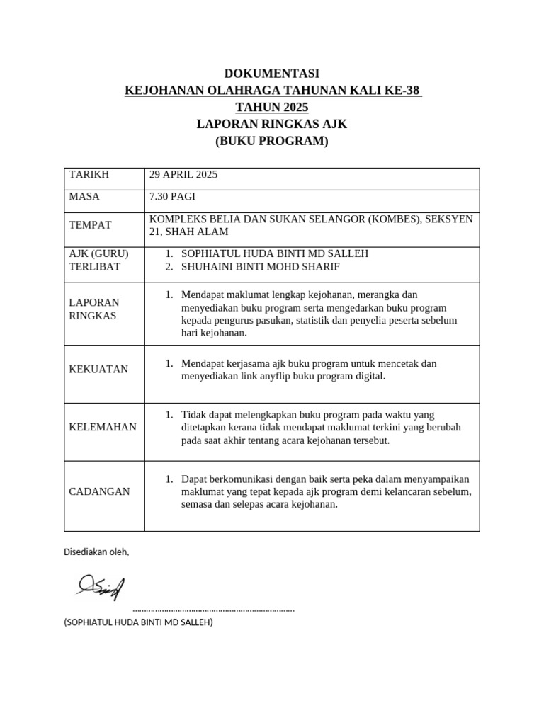 Laporan Kejohanan Olahraga Kali Ke-38 2025 (BUKU PROGRAM) | PDF