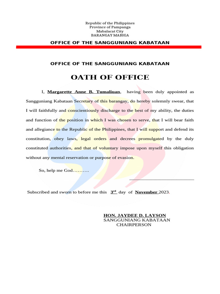 SK Oath of Office Secretary | PDF