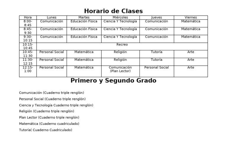 Horario de Clases Semanal 1° y 2° Grado | PDF