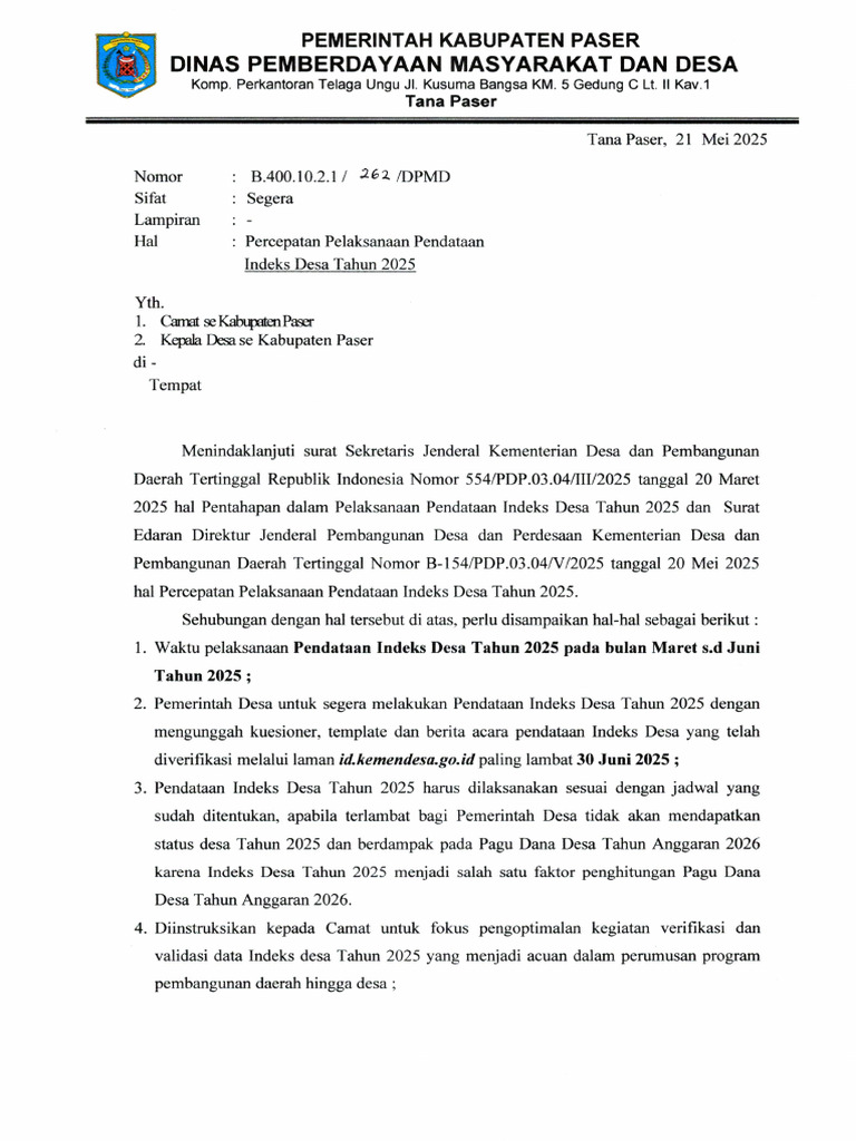 Surat Percepatan Pelaksanaan Indeks Desa Tahun 2025 | PDF