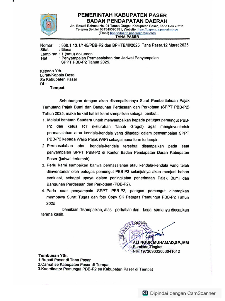 Surat Kepala Bapenda Kab. Paser Tentang Jadwal Penyampaian SPPT PBB - P2 Tahun 2025 | PDF
