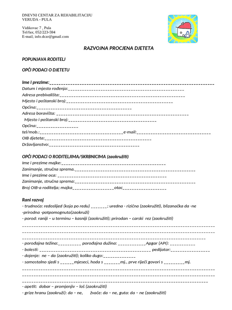 Razvojna Procjena Djeteta - Roditelji | PDF