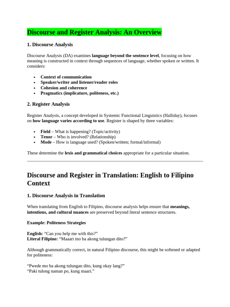 Discourse-and-Register-Analysis-with-examples | PDF | Translations ...
