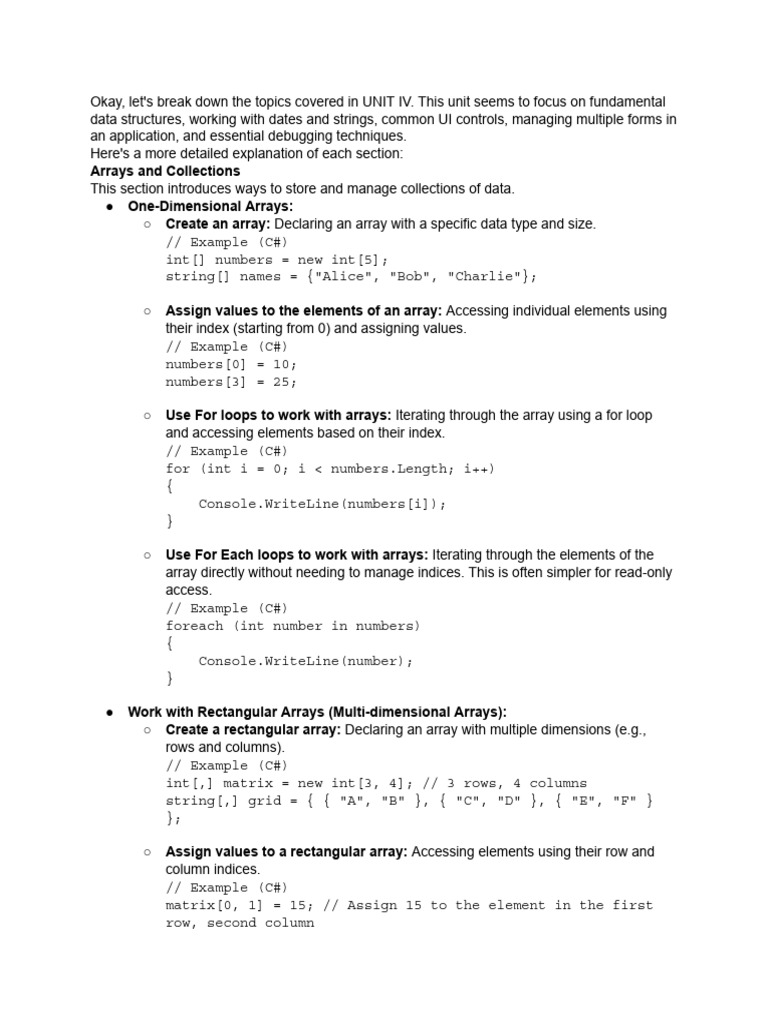 UNIT IV - Arrays and Collections - One-Dimensional A... | PDF | C Sharp ...