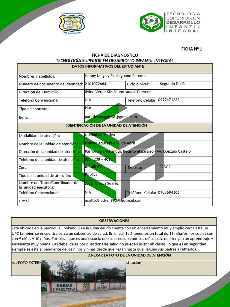 Fich@ #1. Ficha de Diagnóstico | PDF | Aprendizaje